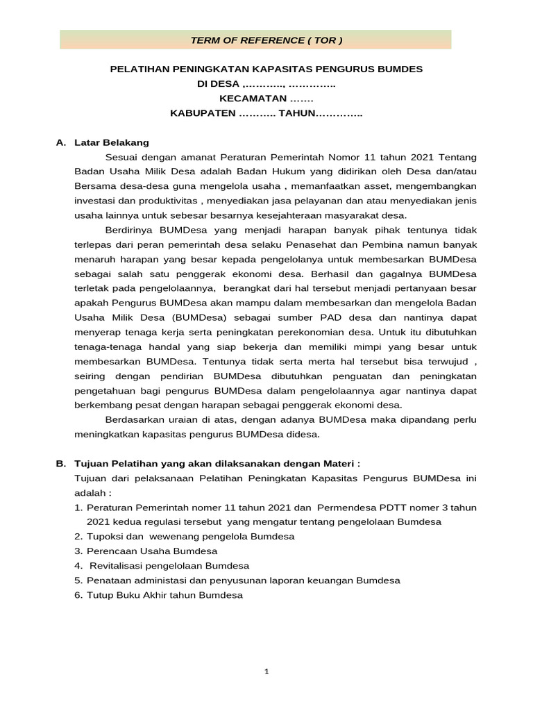 1. Form Tor Pelatihan Bumdesa | PDF