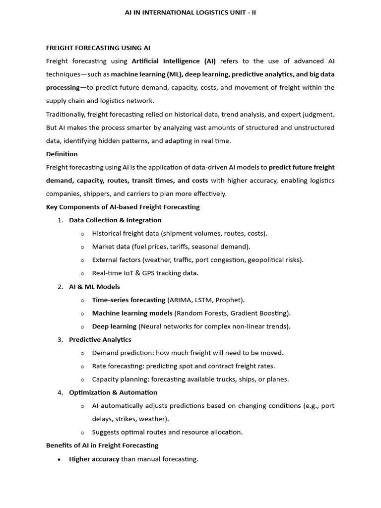 AI in International Logistics Unit - II (AI in Freight Forecasting ...