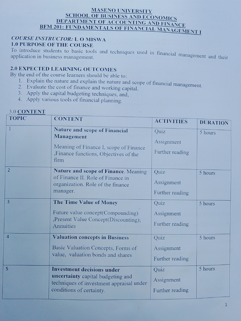 Financial Management Course Outline | PDF