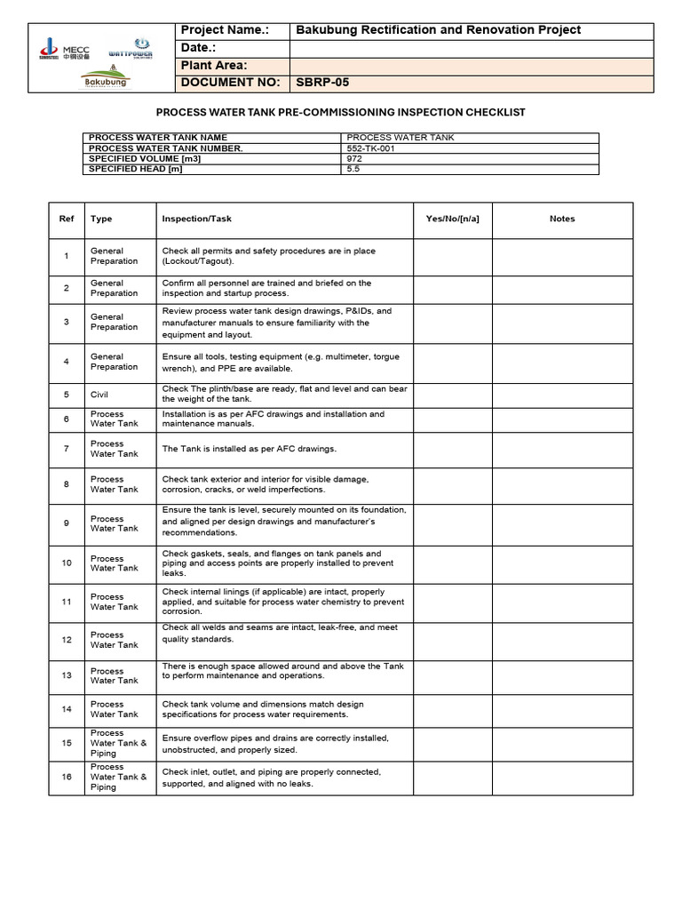 Process Water Tank Inspection Checklist | PDF | Leak | Equipment