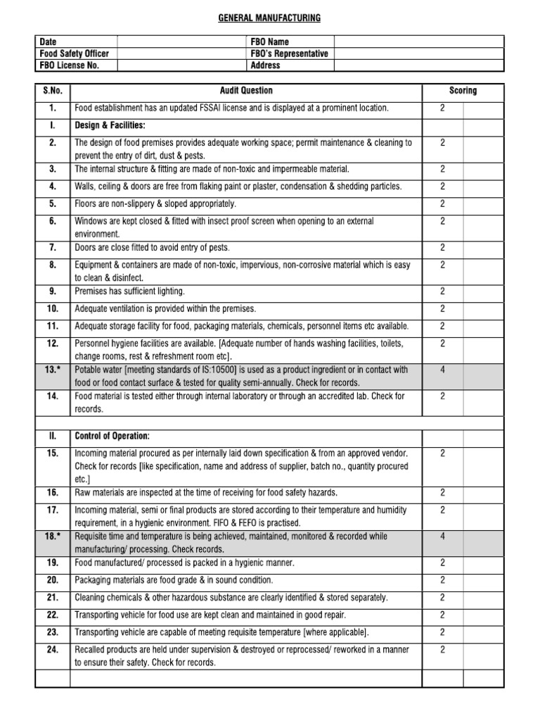Audit Form Fssai | PDF