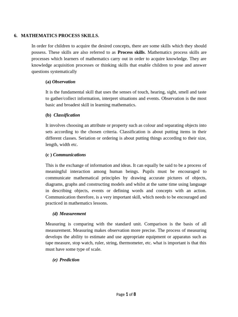 Mathematics Process Skills Overview | PDF | Hypothesis | Teaching ...