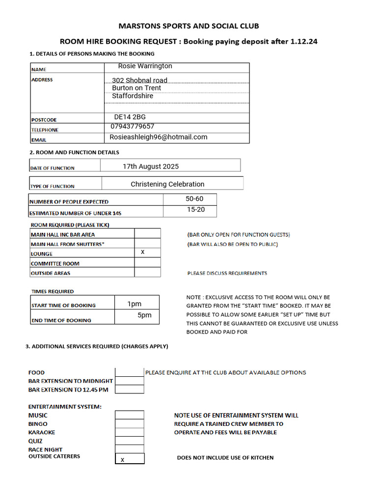 Marstons Booking Request Form | PDF