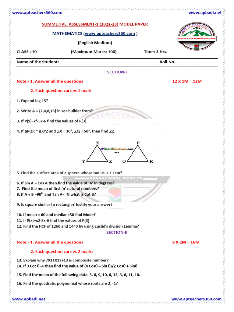 Class 10 Mathematics Model Paper 2022-23 | PDF | Mathematics ...