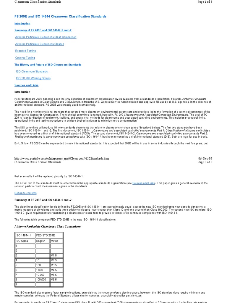 FS-209E and SIO-14644 Cleanroom Classification Standards | PDF ...