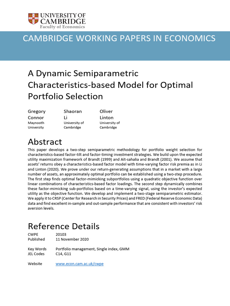 2020-A Dynamic Semiparametric Characteristics-Based Model For Optimal Portfolio Selection | PDF ...