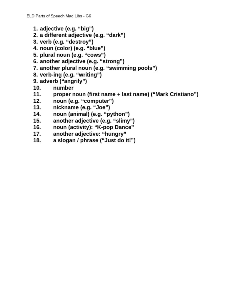 ELD Parts of Speech Mad Libs - G6 | PDF