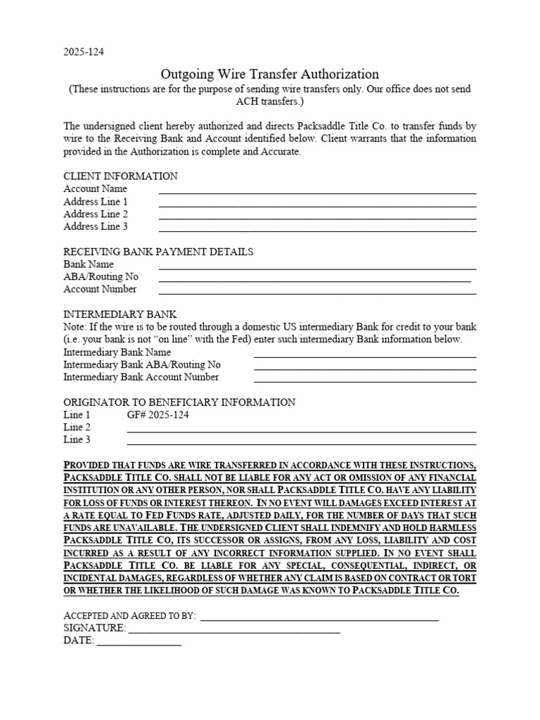 PTC Outgoing Wire Transfer Authorization | PDF | Wire Transfer | Indemnity