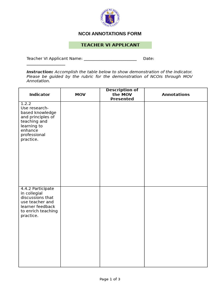Template NCOI Annotations Form for Teacher VI Applicant | PDF