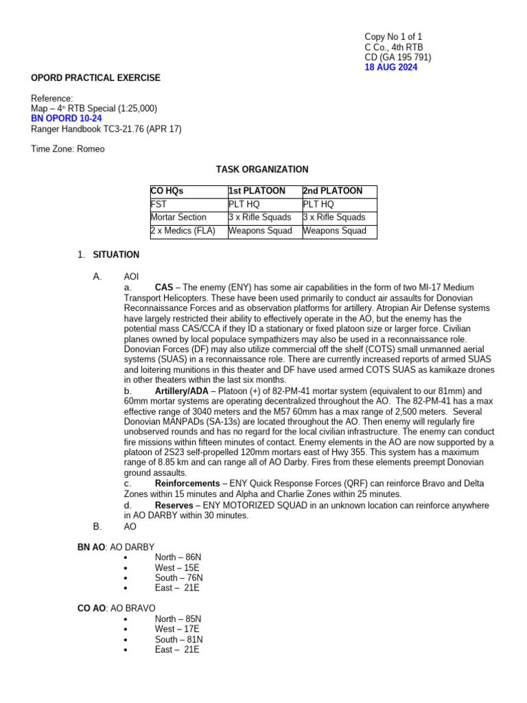 Ranger School OPORD PE | PDF | Reconnaissance | Platoon
