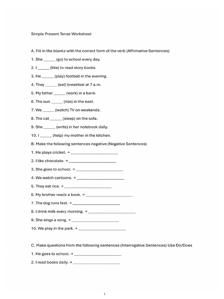 Worksheet of Simple Present Tense | PDF