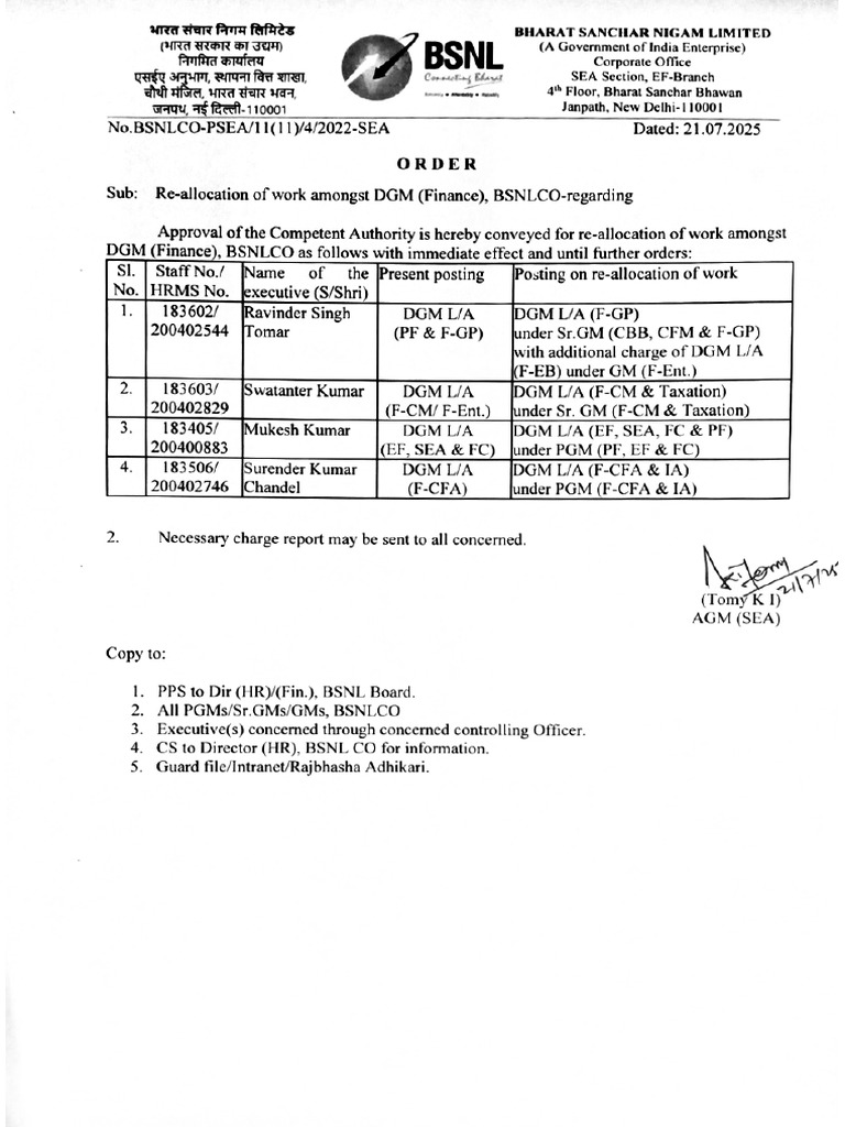 DGM Work Allocation Order Dated 21.07.2025 | PDF