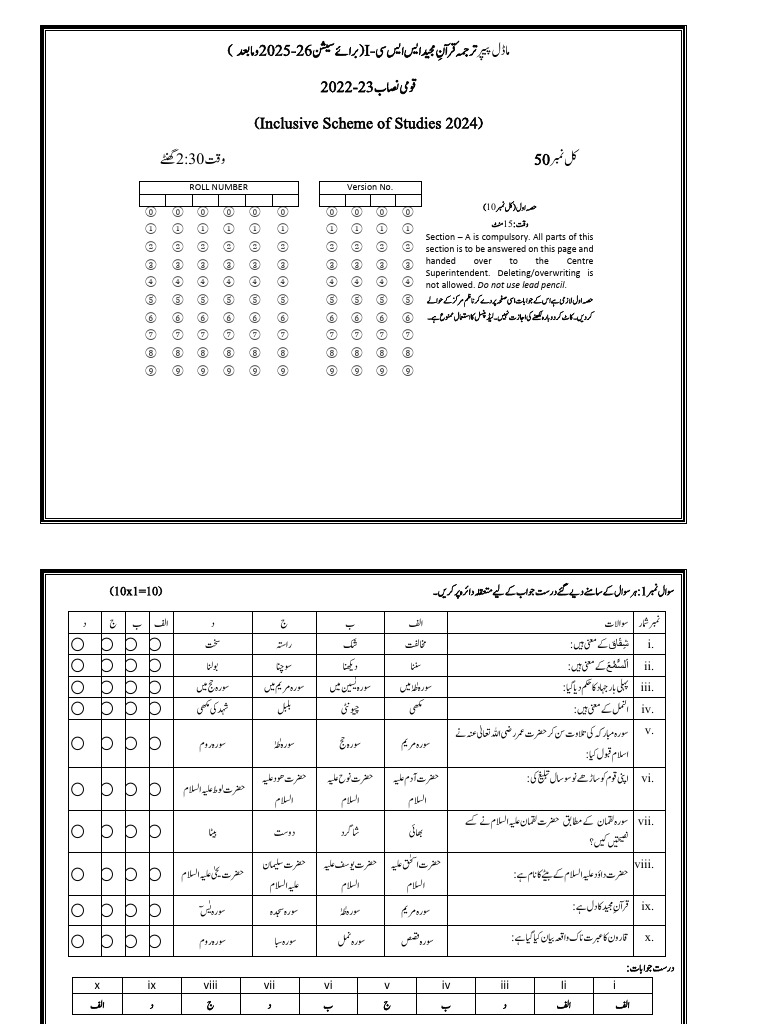 Tarjama Tul Quran Paper SSC-I | PDF