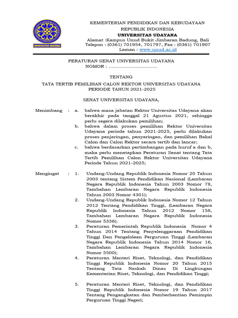 Draft Peraturan Senat Tentang Tatatertib Pemilihan Calon Rektor Unud ...