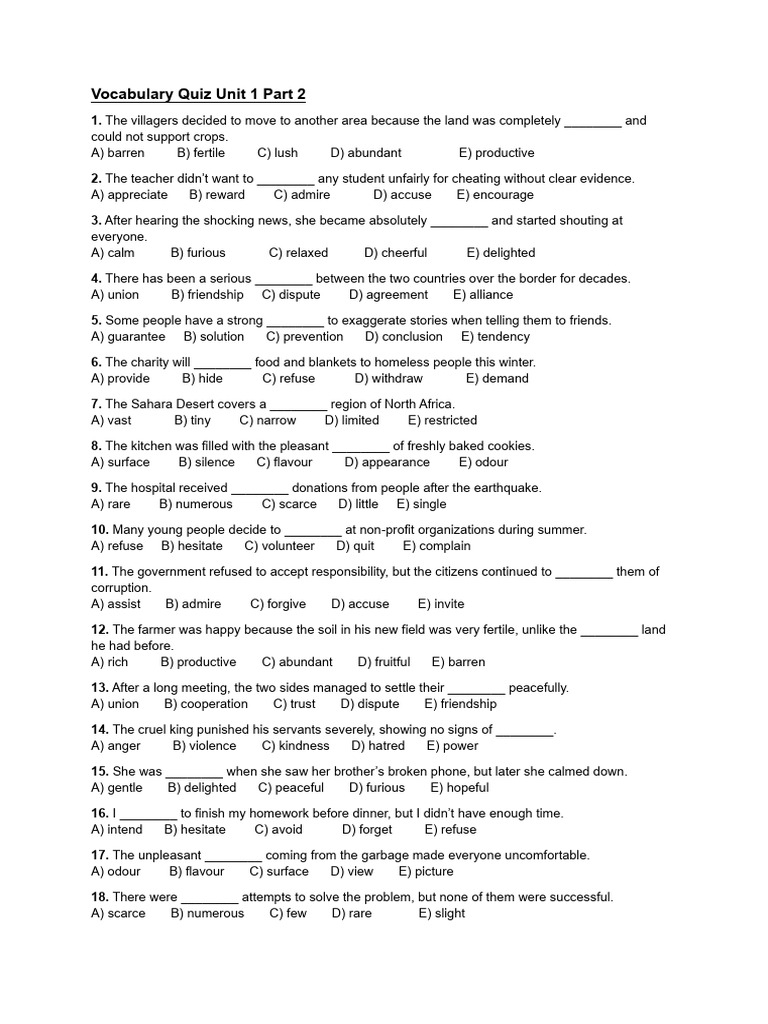 Vocabulary Quiz Unit 1 Part 2 | PDF