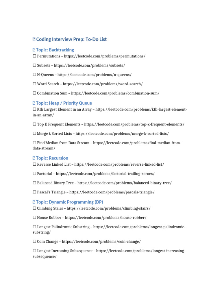 Coding Interview Prep Todo List | PDF