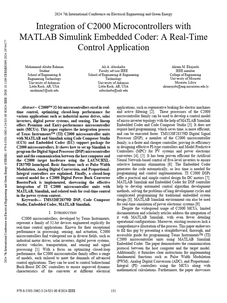 Integration of C2000 Microcontrollers With MATLAB Simulink Embedded Coder A Real-Time Control ...