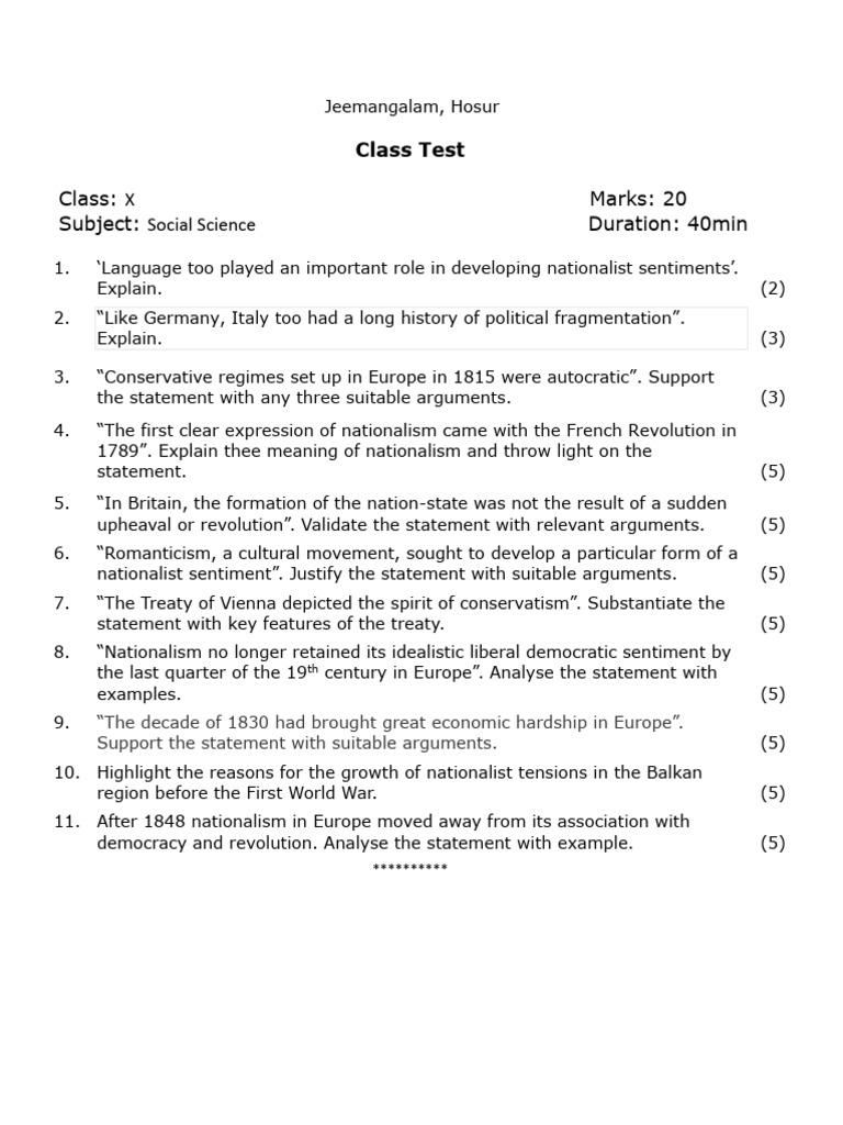 Class Test (Rise of Nationalism in Europe)2025-'26 | PDF