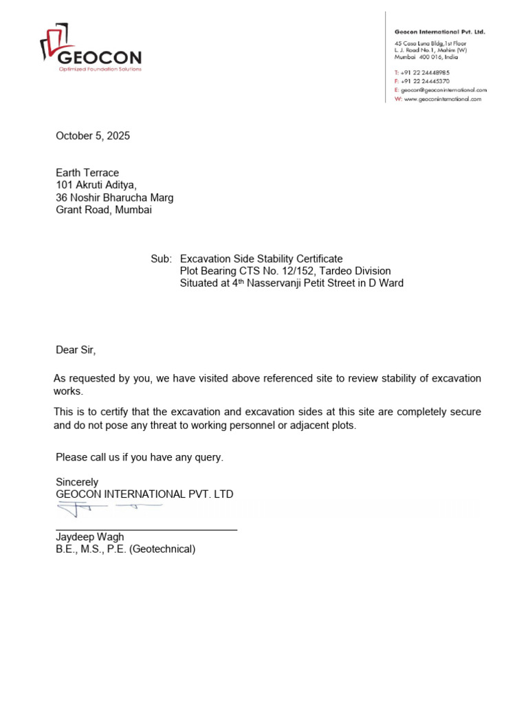 Earth Terrace Grant Road Excavation Stability Certificate | PDF