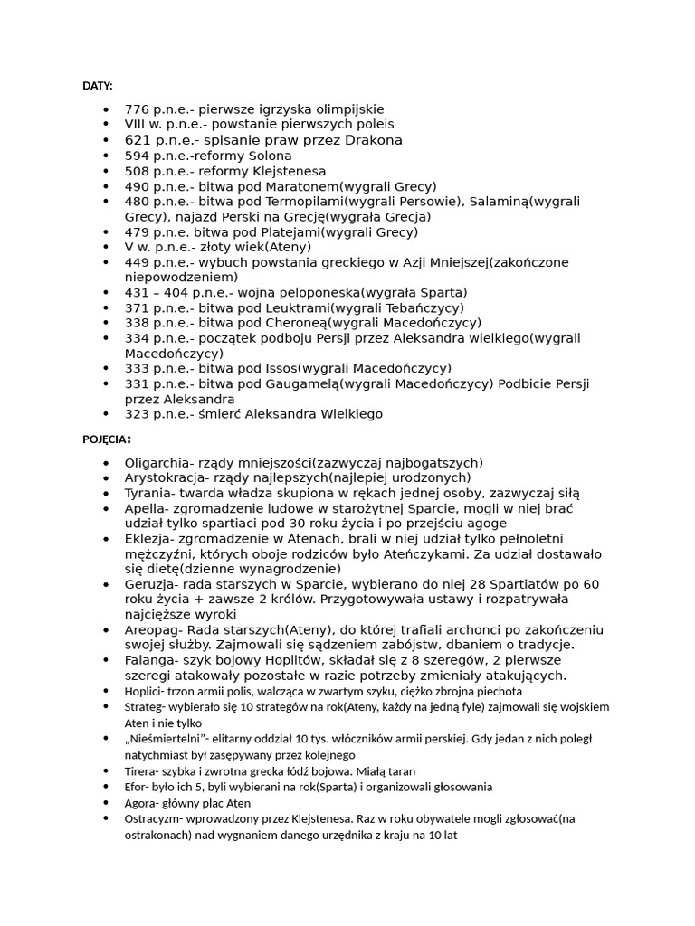 Historia Liceum Klasa 1 Poziom Podstawowy - Starożytna Grecja Notatki Powtórzeniowe/powtórzenie ...