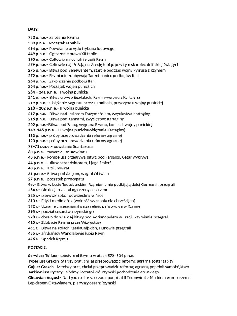 Historia Liceum Klasa 1 Poziom Podstawowy - Starożytny Rzym Notatki Powtórzeniowe/powtórzenie | PDF