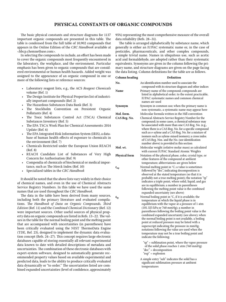 Physical Constants of 1137 Organic Compounds | PDF | Chemical ...