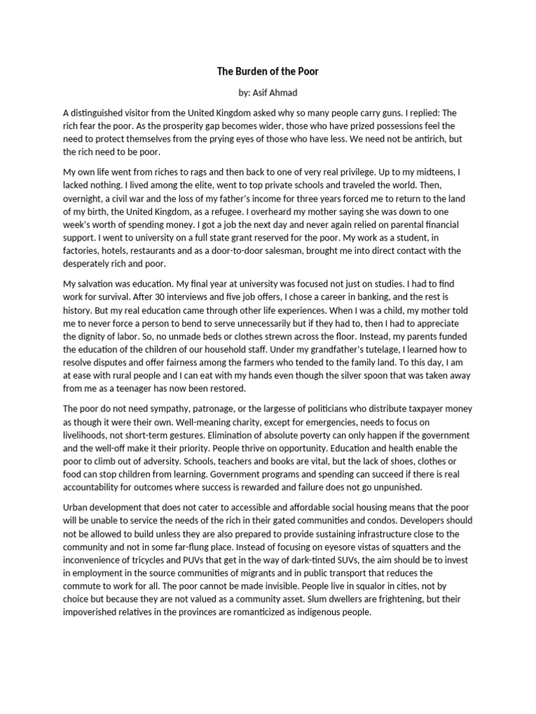 The Burden of The Poor Story | PDF | Poverty | Poverty & Homelessness