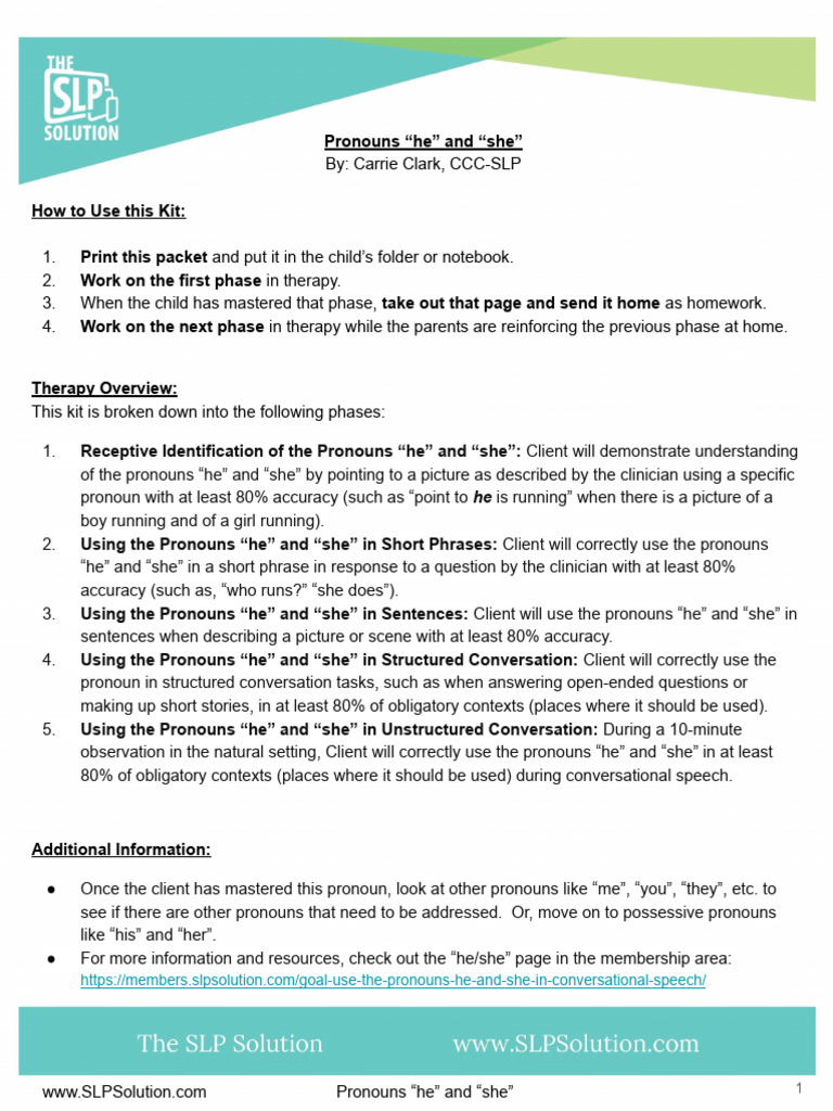 Pronouns 'He' and 'She' Therapy Kit | PDF | Learning | Human Communication