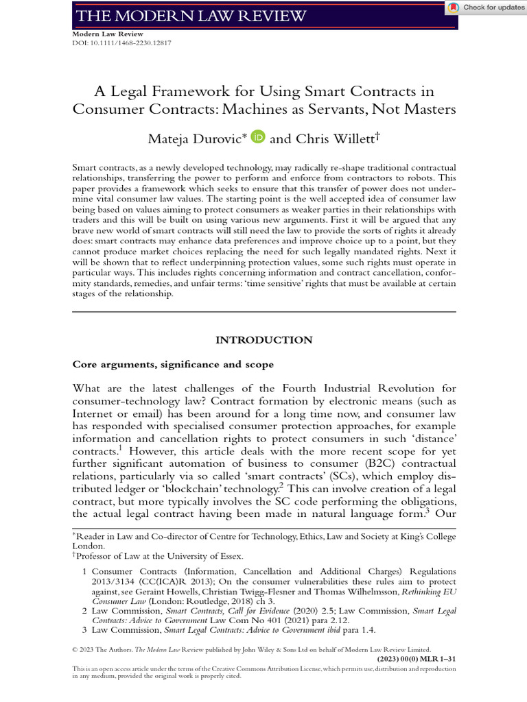 Modern Law Review - 2023 - Durovic - A Legal Framework For Using Smart ...