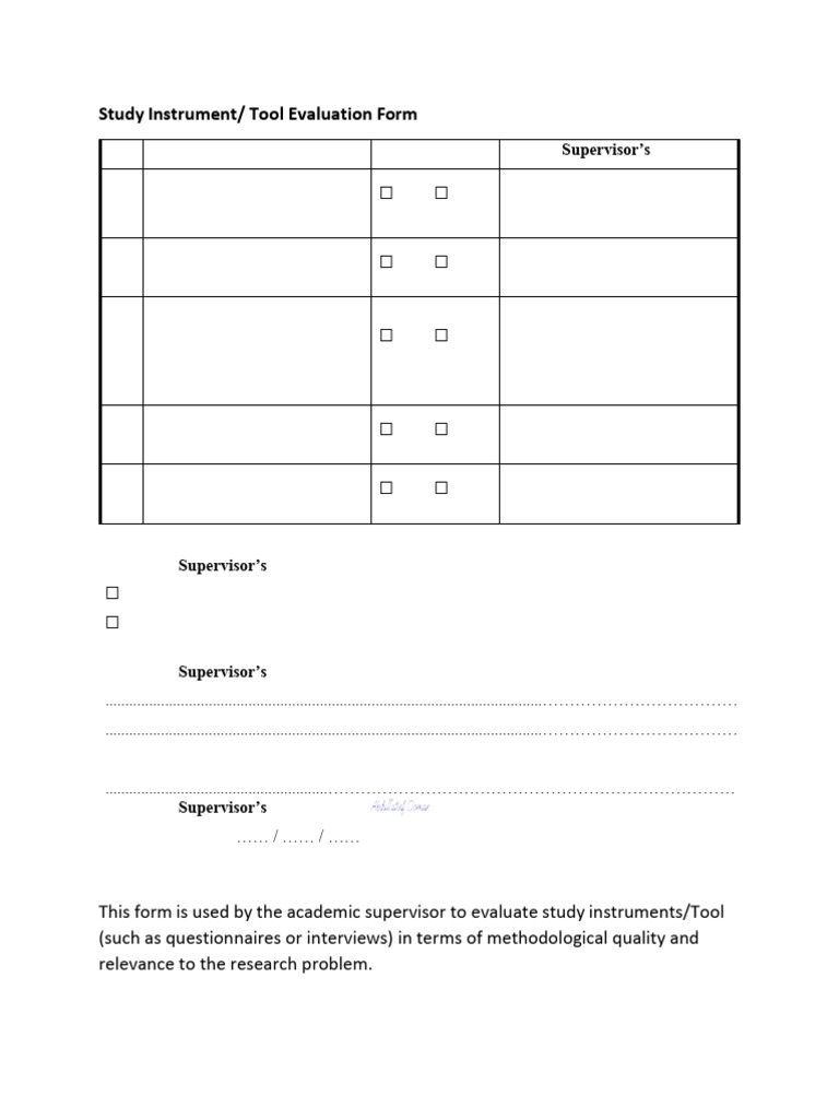 Study Instrument Tool Evaluation Form | PDF