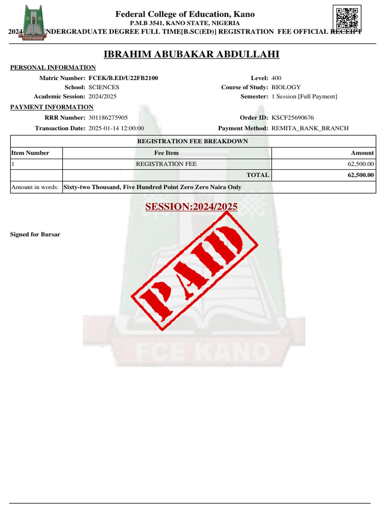 Ibrahim Abubakar Abdullahi - Registration Fee - Receipt | PDF