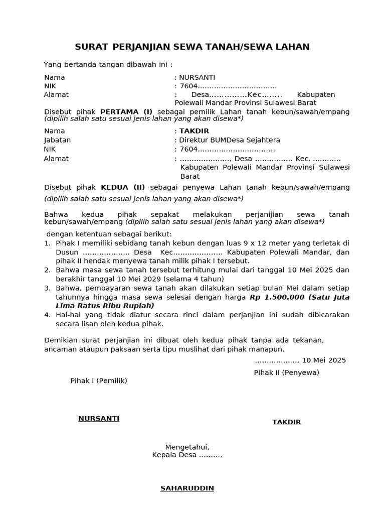 Perjanjian Sewa Tanah Polewali Mandar | PDF