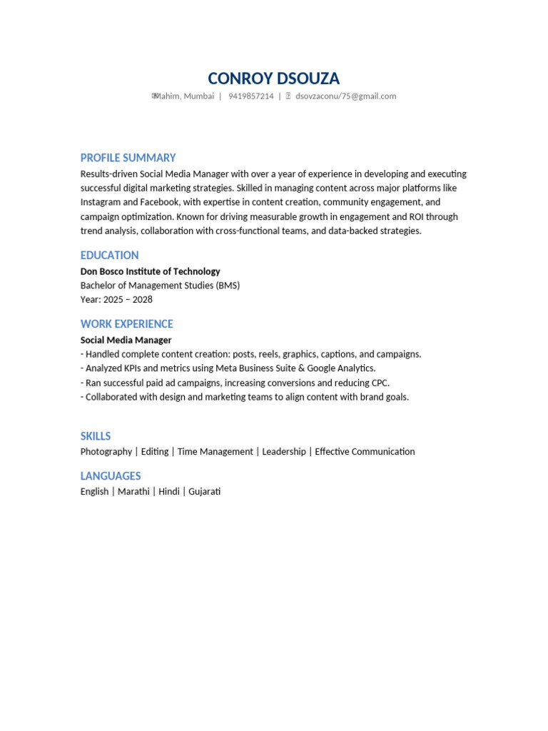 Conroy Dsouza Resume | PDF