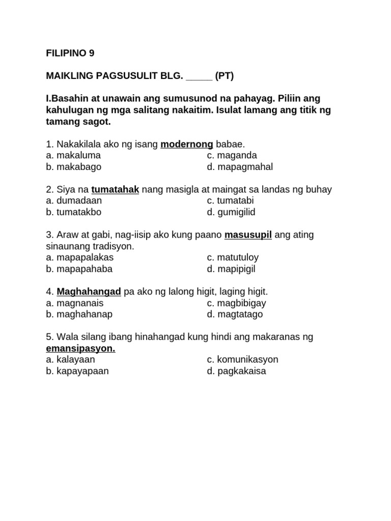Filipino 9 - Quiz 9 - 25 | PDF