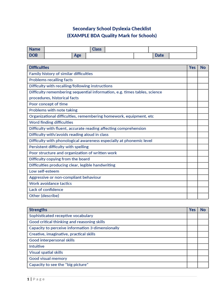 Secondary School Dyslexia Checklist | PDF
