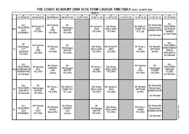 Year 8 Timetable Term I 2025/26 | PDF