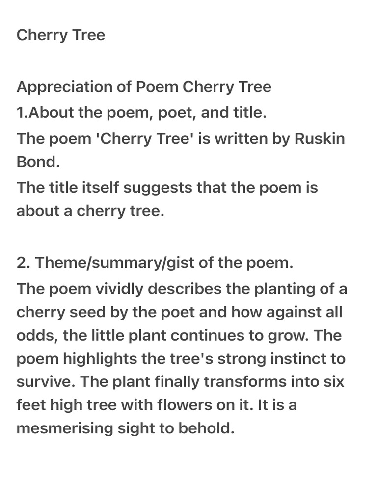 Cherry Tree Poem Analysis by Ruskin Bond | PDF