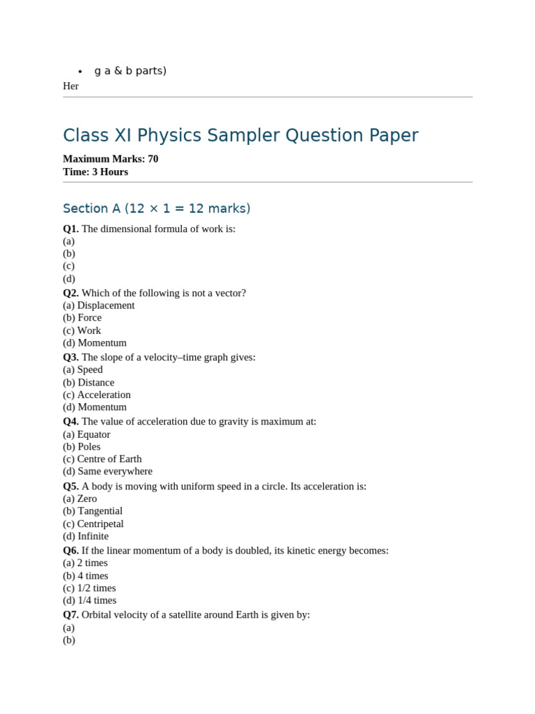 Class XI Physics Question Paper Sample | PDF | Force | Acceleration