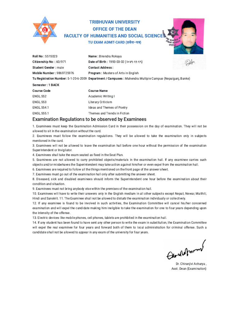 TU Exam Admit Card Regulations | PDF