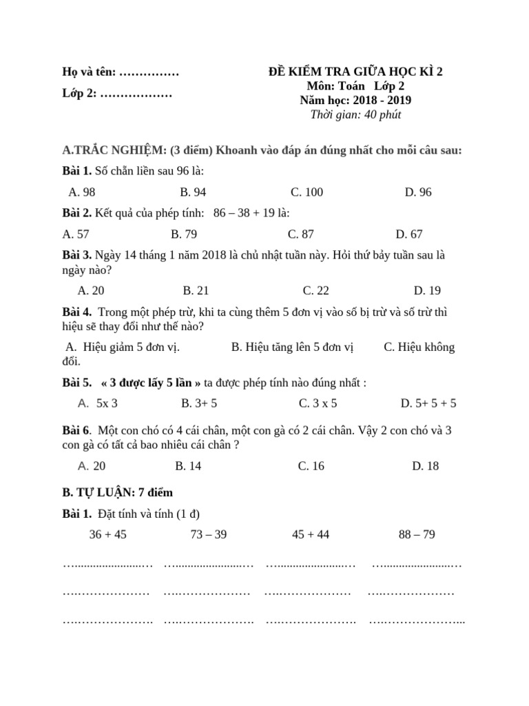 De Thi Giua Hoc Ki 2 Lop 2 Mon Toan de 1 | PDF