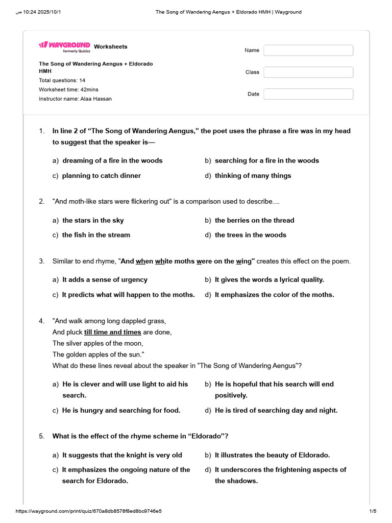 The Song of Wandering Aengus + Eldorado HMH _ Wayground | PDF | Poetry