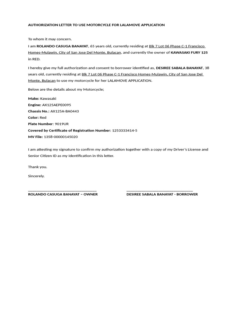 Authorization Letter To Use Motorcycle For Lalamove Application | PDF