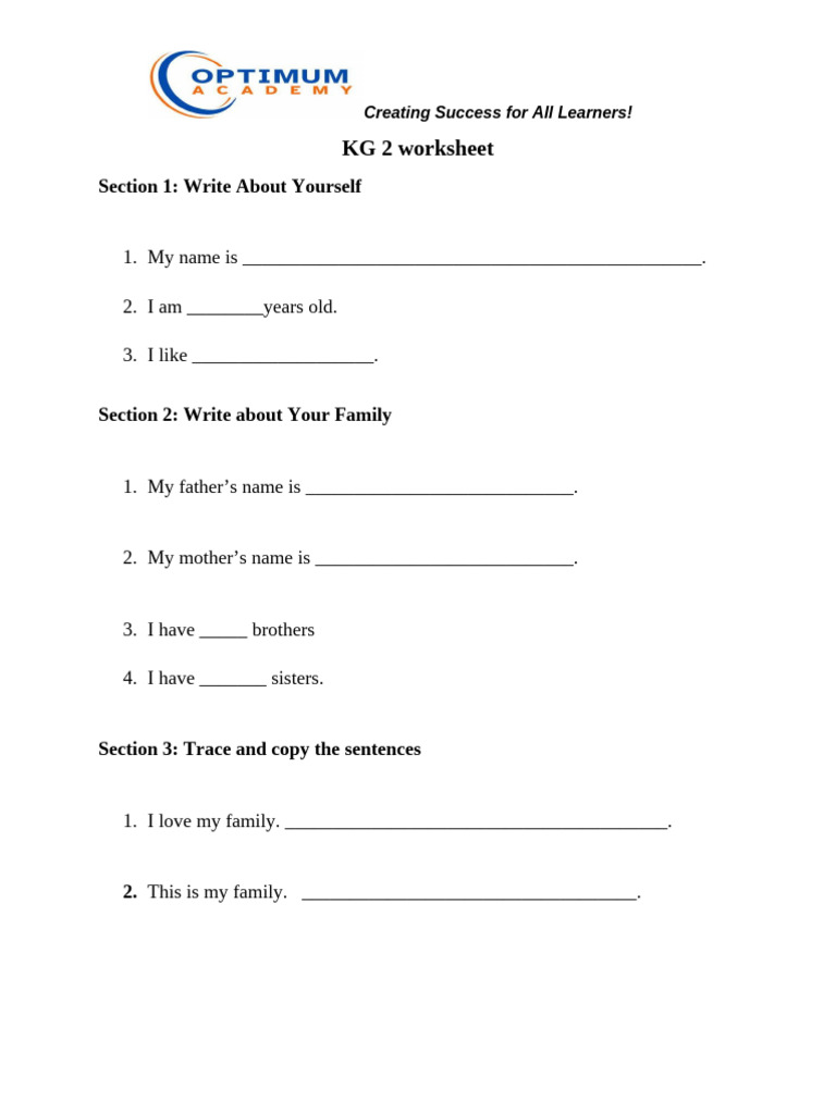 KG 2 Family and Self Worksheet | PDF