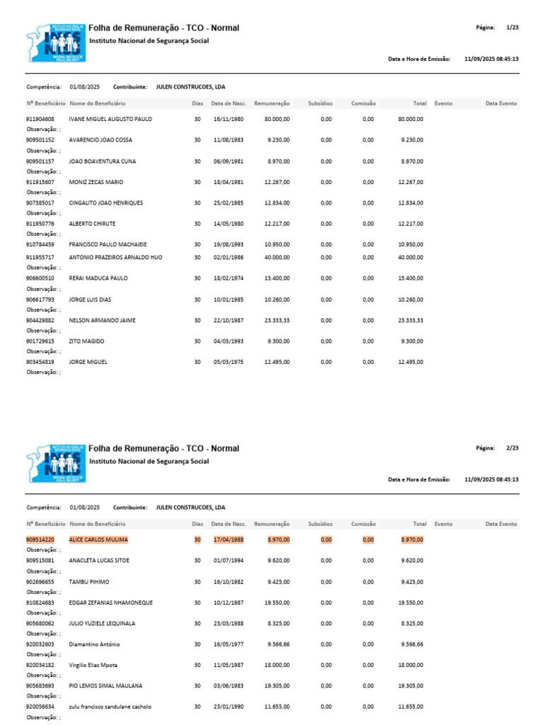 Maputo City Julen Folha Nominal-INSS com lista dos trabalhadores | PDF
