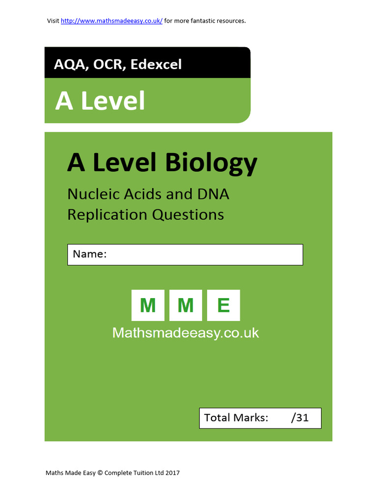 A Level Biology: DNA Replication Quiz | PDF | Dna | Genetic Code