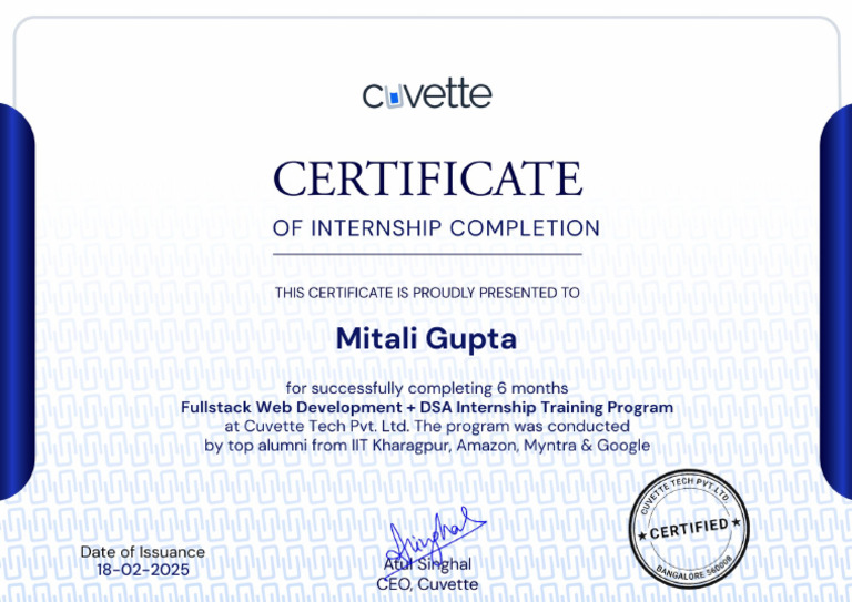Cuvette Fullstack Development Certificate - Mitali Gupta | PDF
