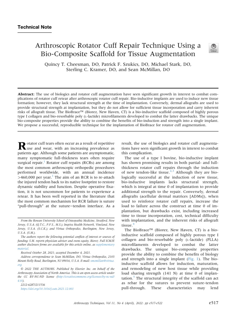 Arthroscopic Rotator Cuff Repair Technique Using A Bio-Composite ...