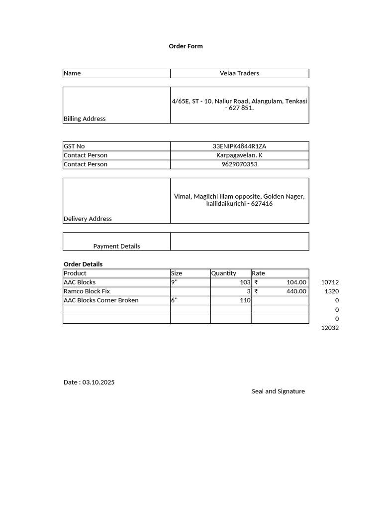 Order Form 119 Kkurichi | PDF
