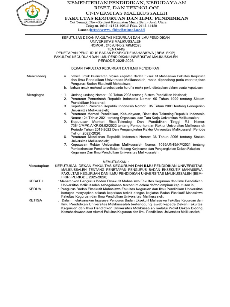 Pengurus BEM FKIP Universitas Malikussaleh 2025-2026 | PDF