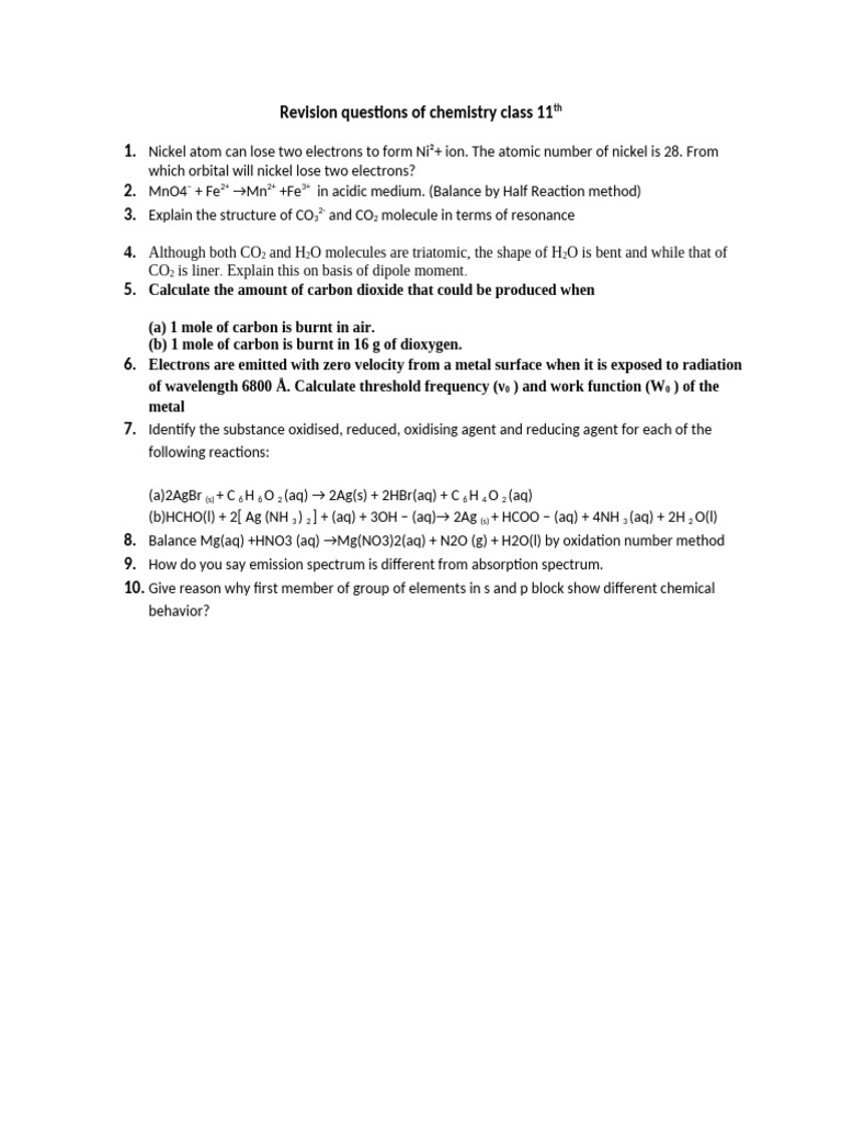 Revision Questions of Chemistry Class 11th | PDF